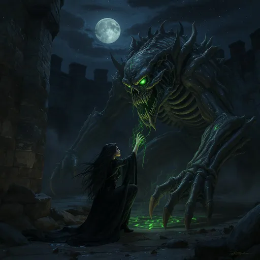 Visualize a striking scene in a dimly lit courtyard...