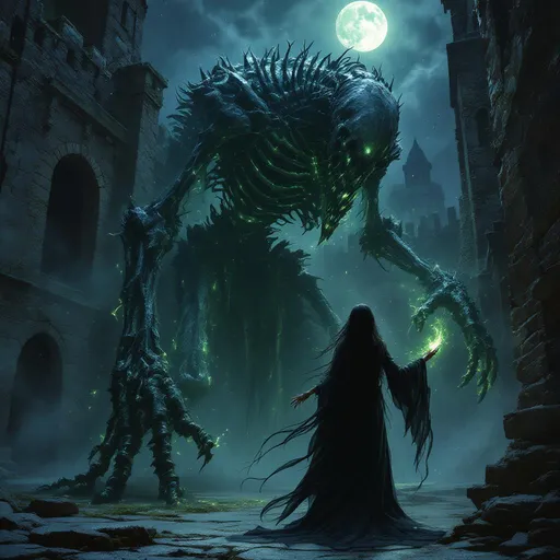 Visualize a striking scene in a dimly lit courtyard...