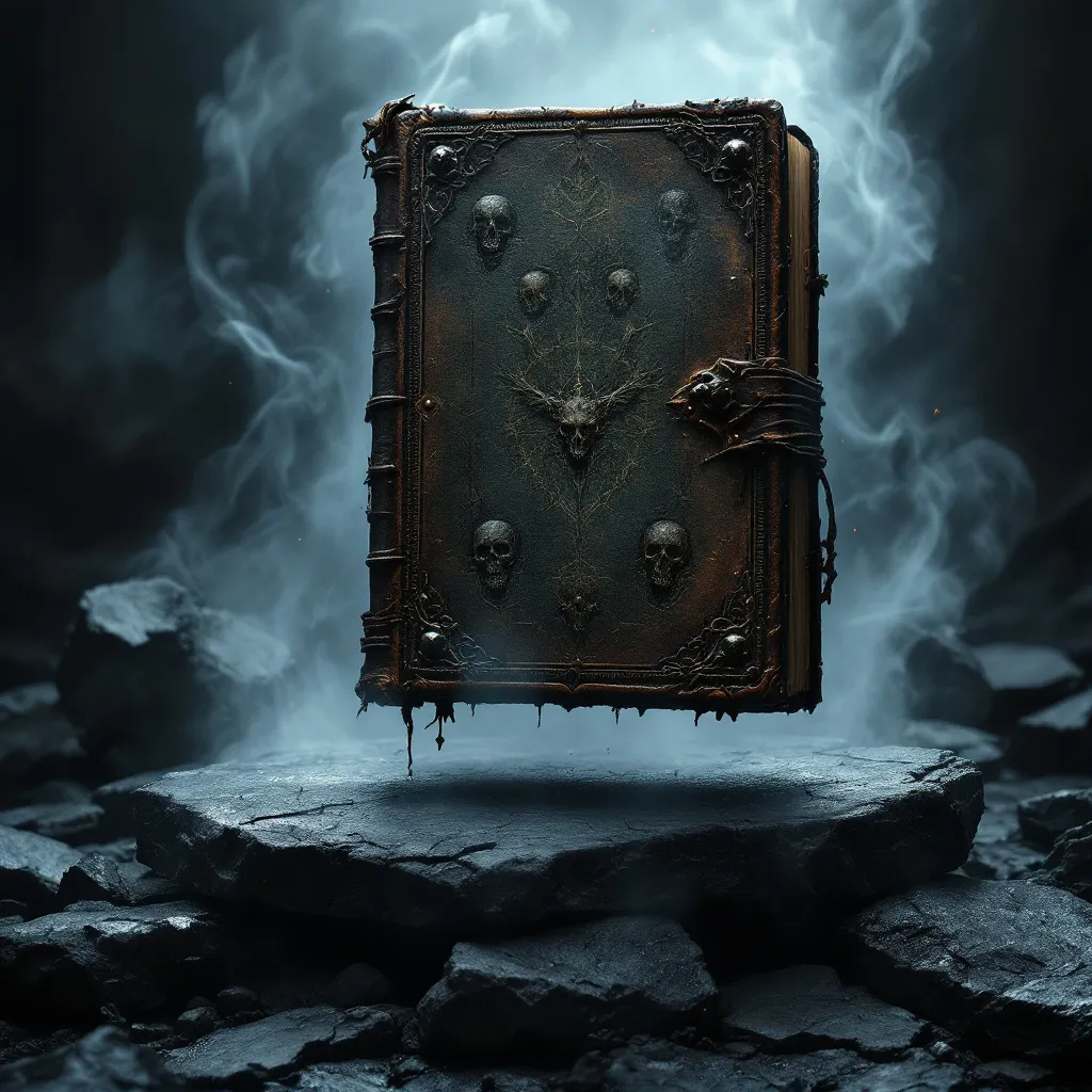 opened necromantic Grimoire, floating above a dark m...