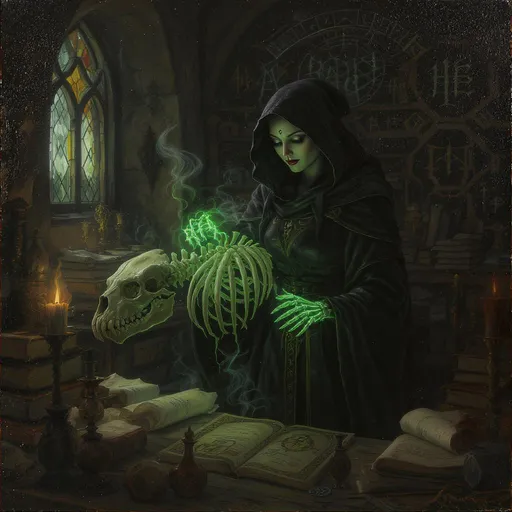 in an ancient workshop brimming with dusty tomes and...