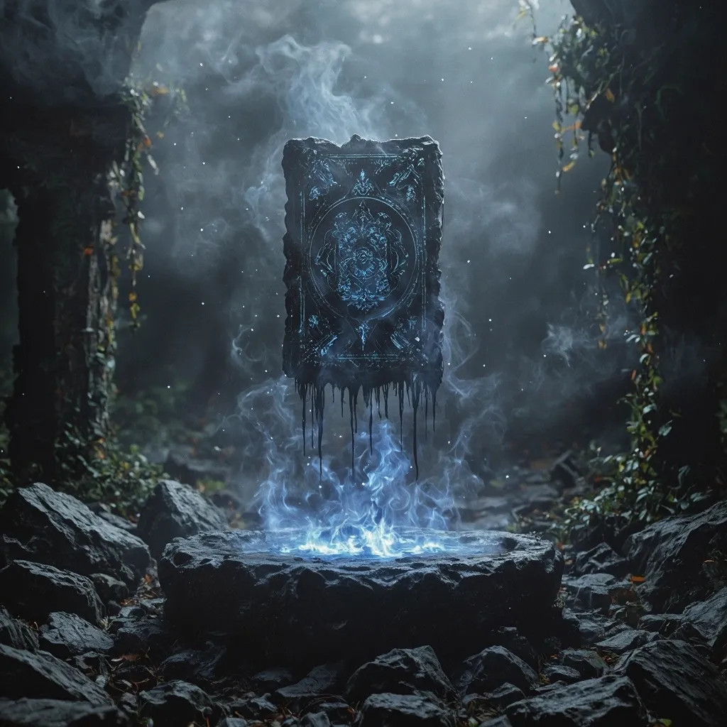 necromantic Grimoire, floating above a dark magic al...