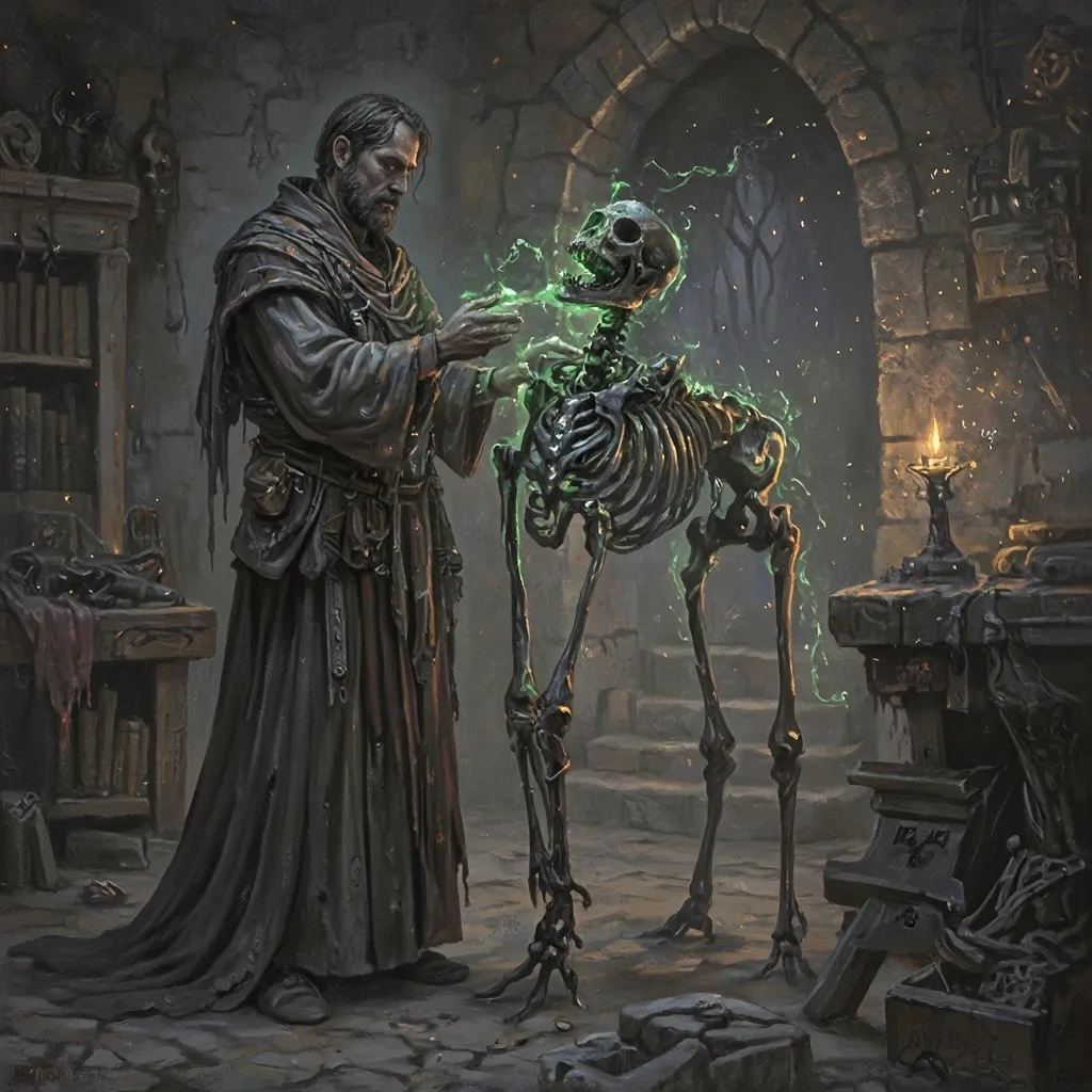 In a dimly lit, ancient workshop brimming with dusty...