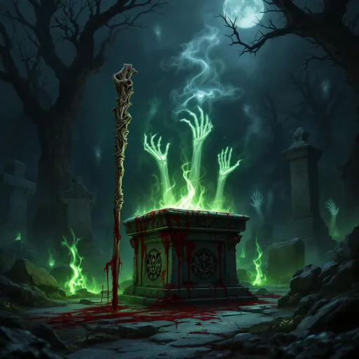 In a dark, foreboding graveyard shrouded in mist, an...