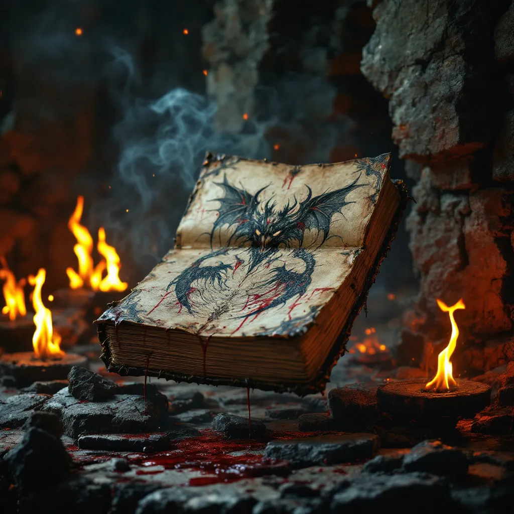 opened Grimoire of demonologie, floating above a dar...