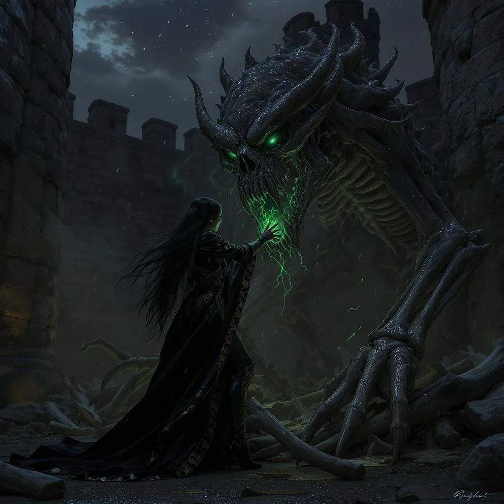 Visualize a striking scene in a dimly lit courtyard...