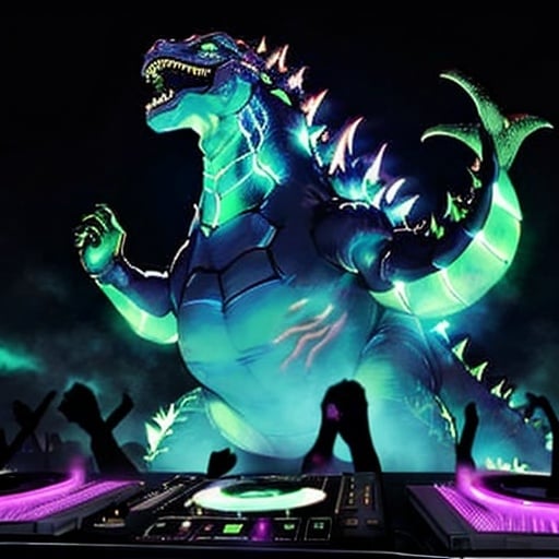 Glowing D.J Godzilla plays Techno music at a huge ra...