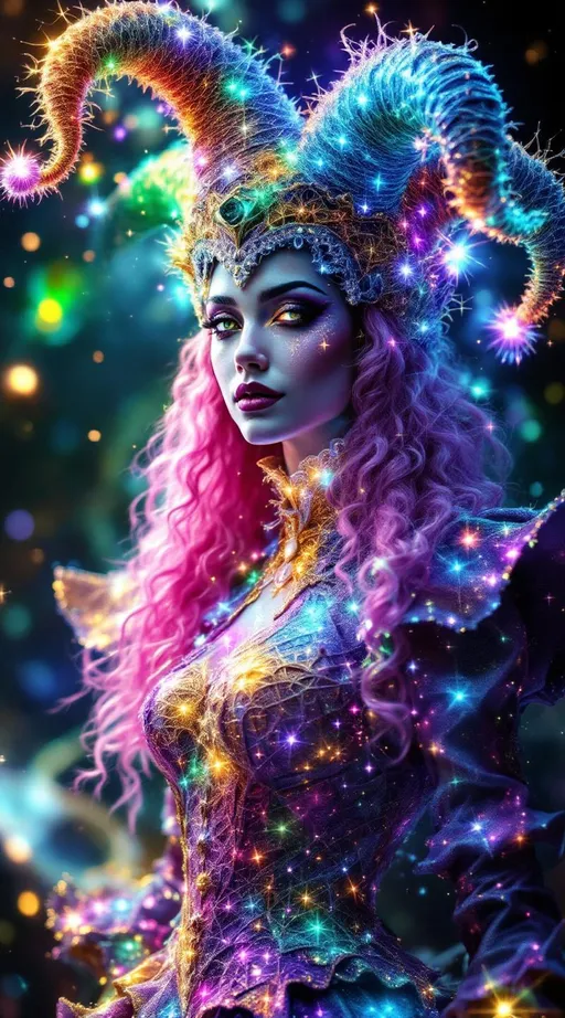 An astral jester composed entirely of luminous fract...