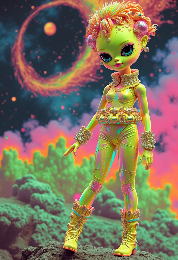 A dazzling, doll-like pink alien girl stands poised...