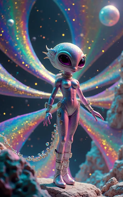 A dazzling, doll-like pink alien girl stands poised...