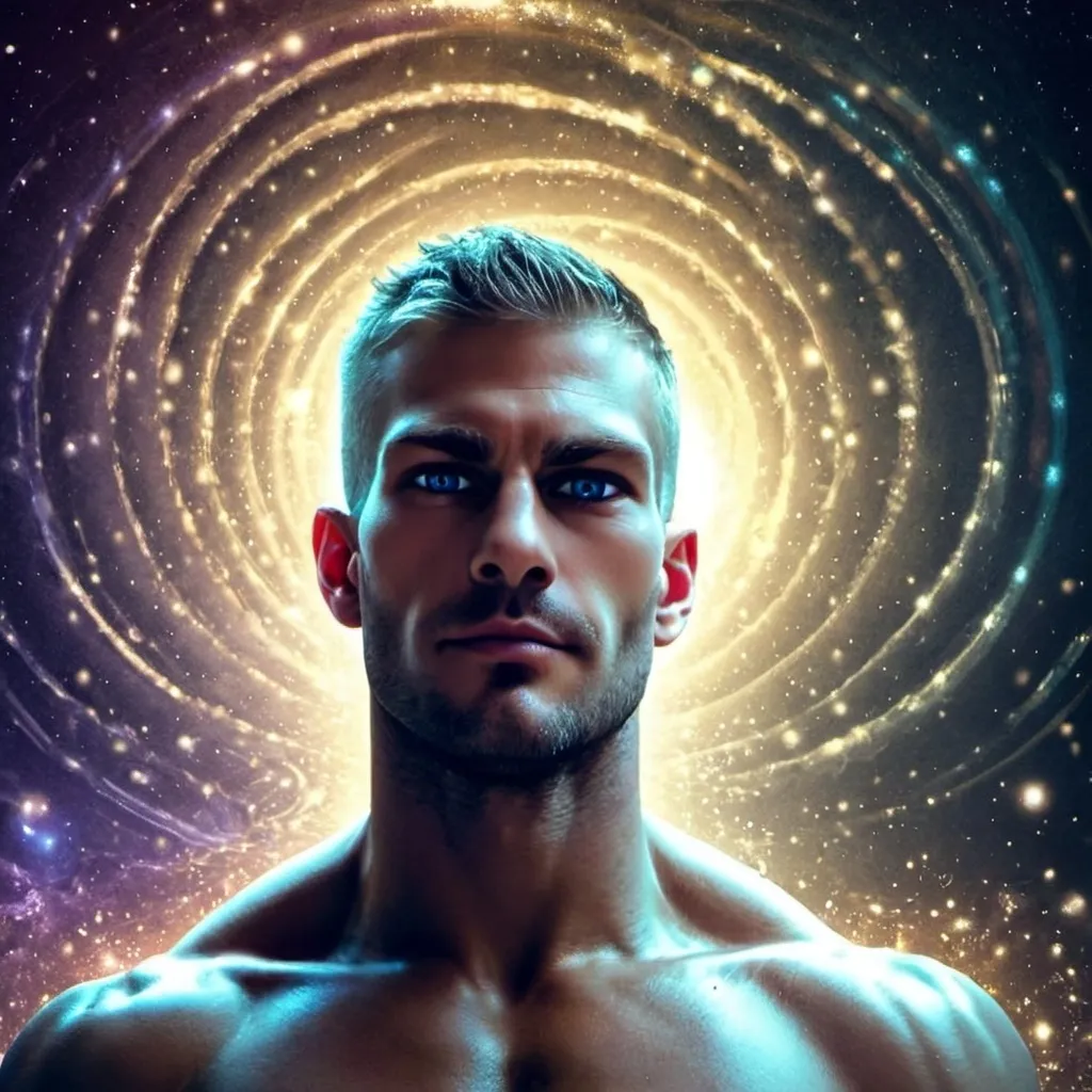 A stunning male humanoid with glowing, crystalline b...