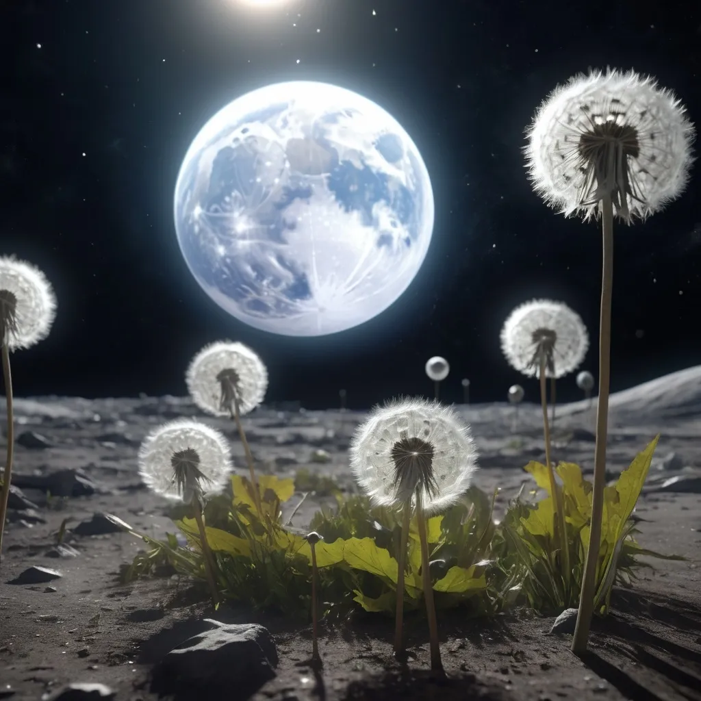 View from ground level of Large windswept Dandelions...