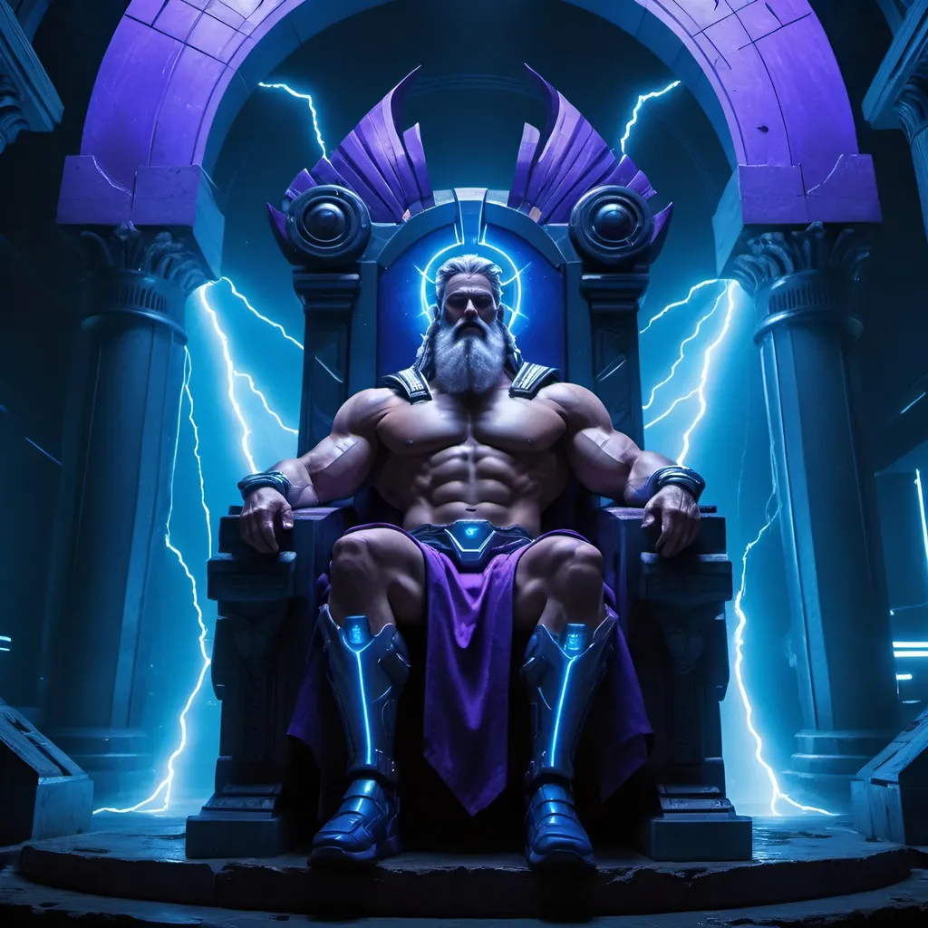 Zeus sitting on throne, Mt Olympus, cyberpunk, 4k, u...
