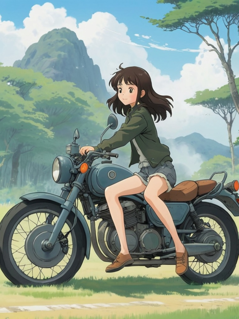 2d studio ghibli anime style, girl on motorcycle, an...