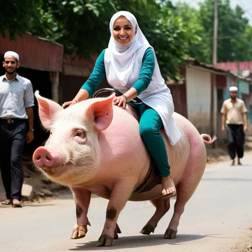 Muslim woman kissing humanoid pig. 8K. UHD. HDR. Hyp...