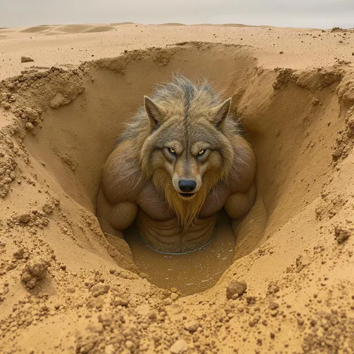 Muscular, tribal, fully furred wolf-beastman. Sinkin...