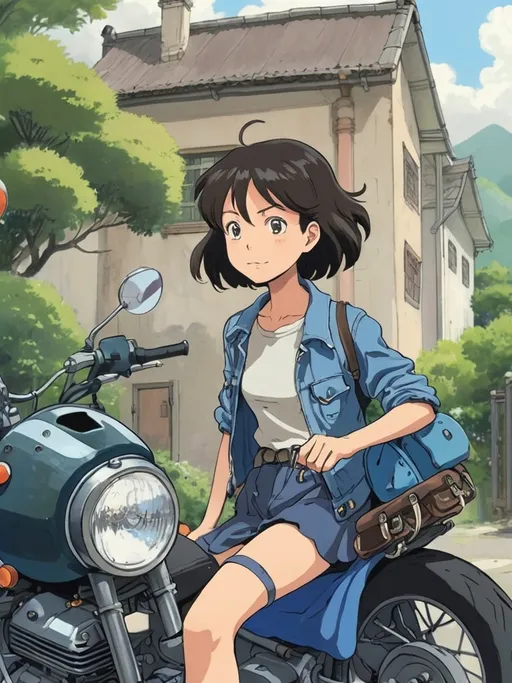 2d studio ghibli anime style, girl on motorcycle, an...