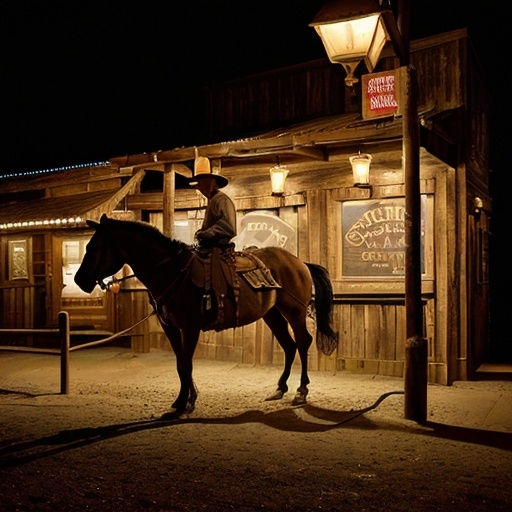 Western horse tied to hitching post outside saloon....