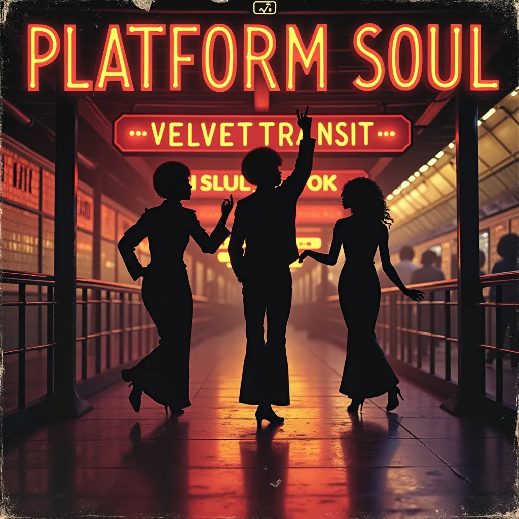 “A 1970s soul album cover showing a glowing subway p...