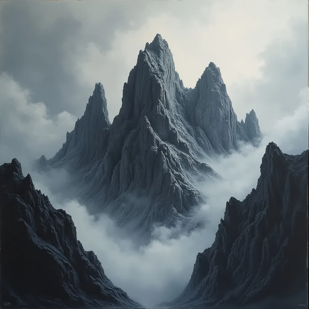 Jagged peaks rise dramatically into a foreboding sky...