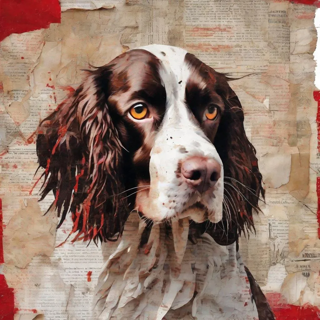 springer spaniel tabloid art, collage torn red highl...