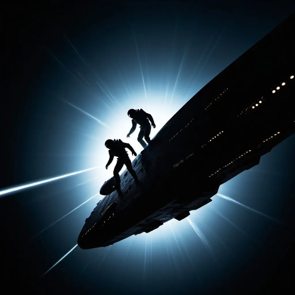 Silhouette pushing figure off spaceship edge, fallin...