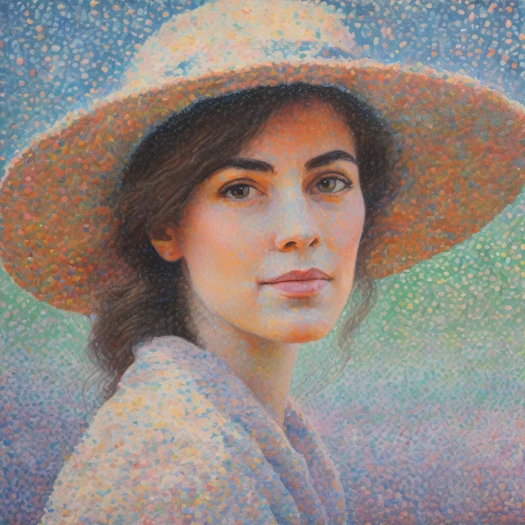 A portrait painting of a woman, in the pointillism s...