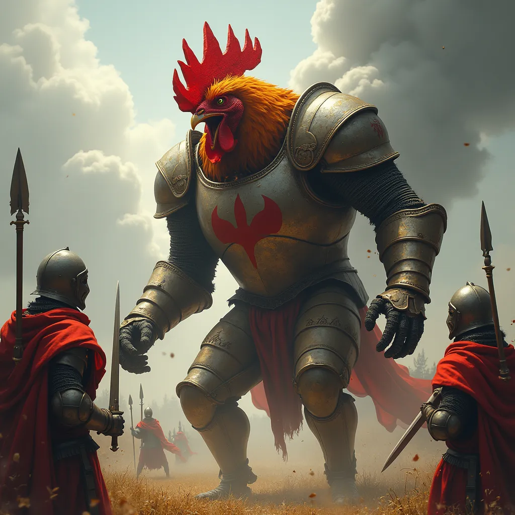 a giant armor wearing chicken acting violently towar...