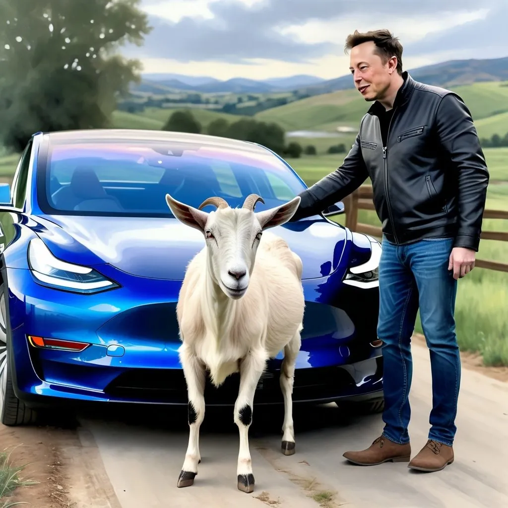 Elon Musk petting a goat, blue Tesla Model 3, realis...