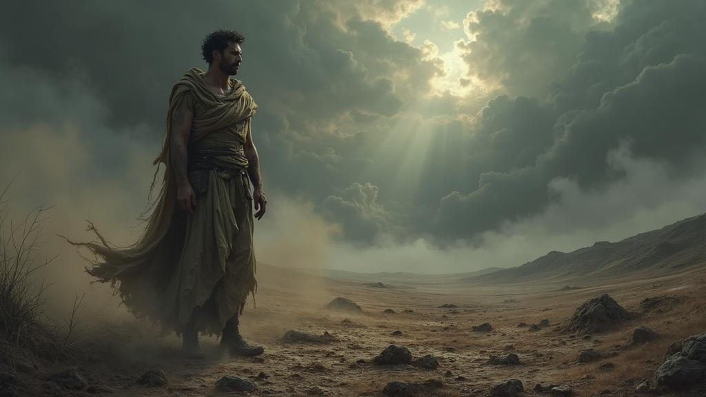 In a shadowy, desolate landscape, the biblical chara...