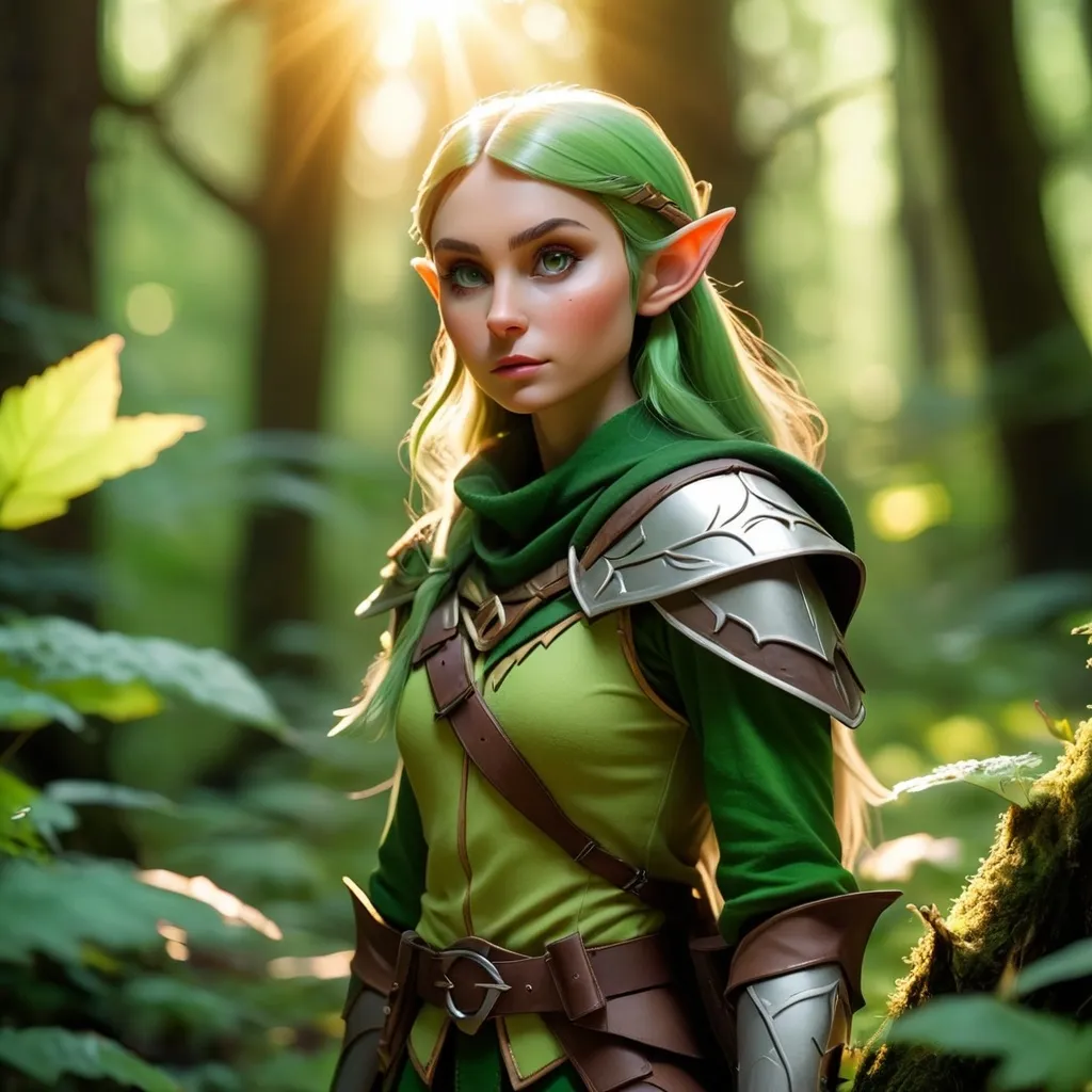 Elf ranger in a mystical forest around sunlight