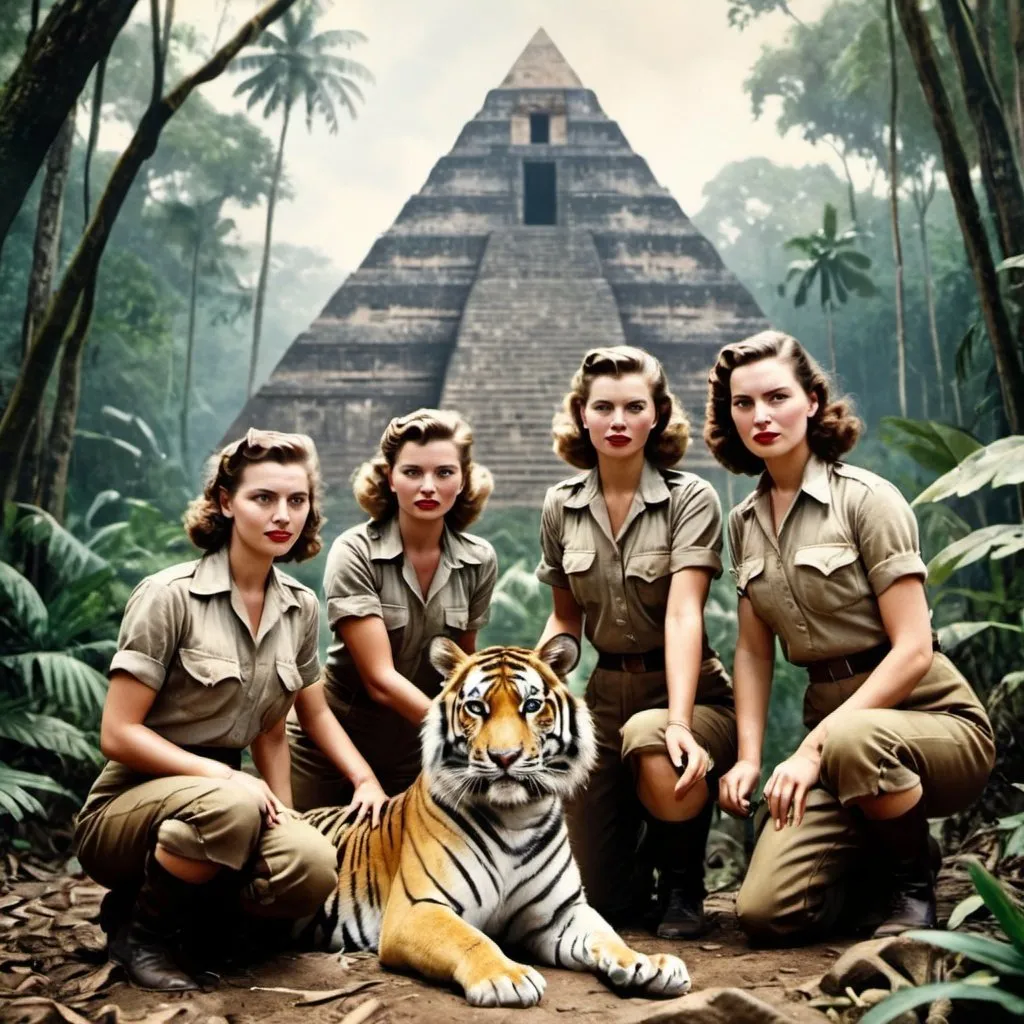 photo-realistic,a group of female explorers from the...