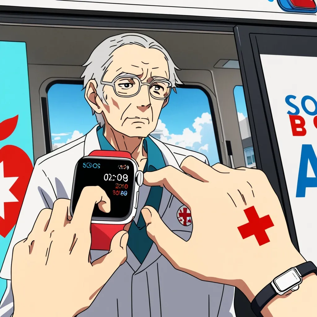 Anime a senior using an Apple Watch for a sos with a...