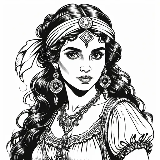 line art, illustration a pretty gypsy girl, gypsy...