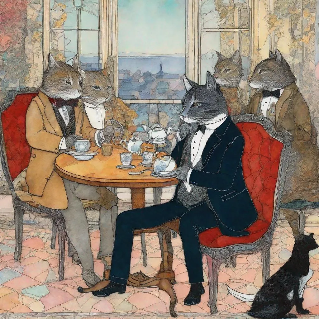 surreal anthropomorphic very pretty cats dressed in...