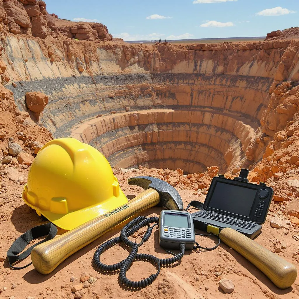 geological hammer, GPS and Helmet and a mining location