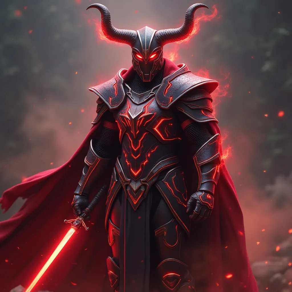 Sci-fi Tron Knight with horns and crimson energy and...