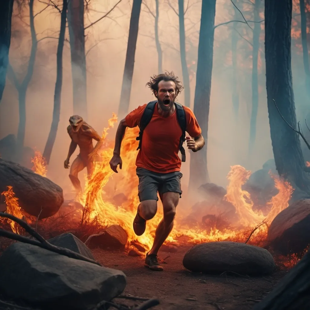 man chased through forest fire by a pack of reptilia...