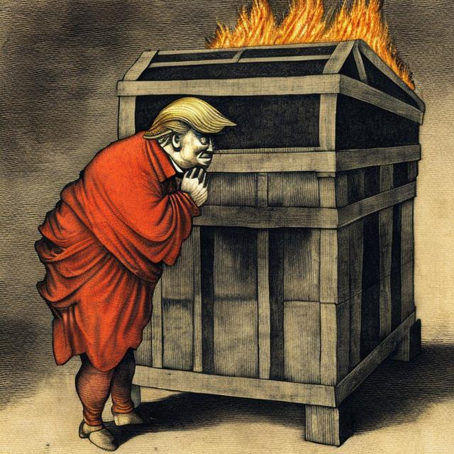 Donald Trump as a dumpster-fire political cartoon by...