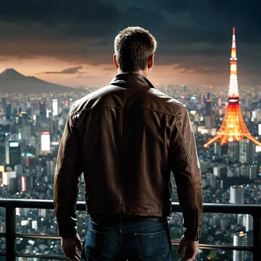 jack reacher looking out at Frankfurt with his back...