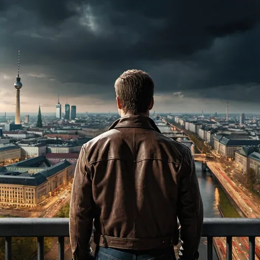 jack reacher looking out at Frankfurt with his back...