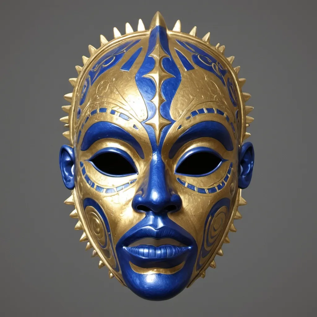 3D metallic African mask gold and blue