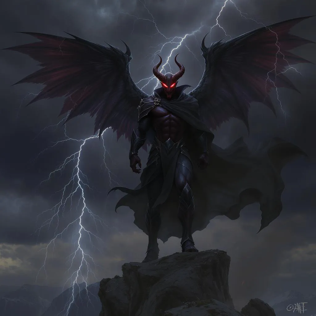 Visualize Lucifer as a striking figure, standing ato...