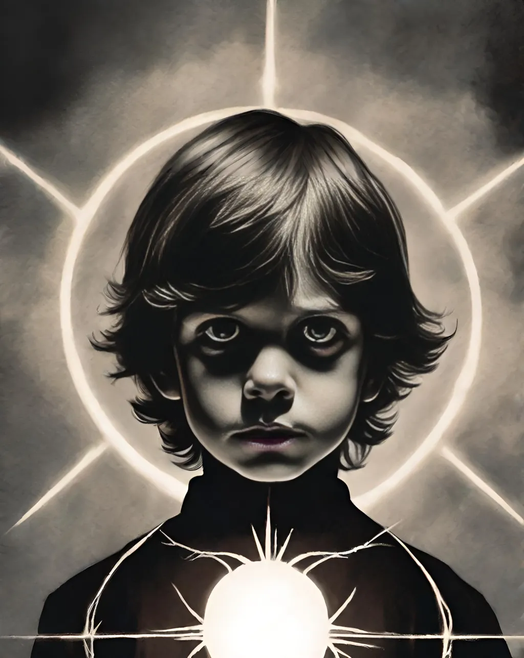 An ominous portrait of Damien from The Omen film fra... | OpenArt