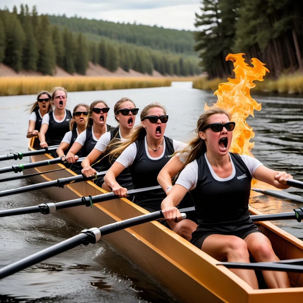 eight females rowing crew on a sculling boat fighti...