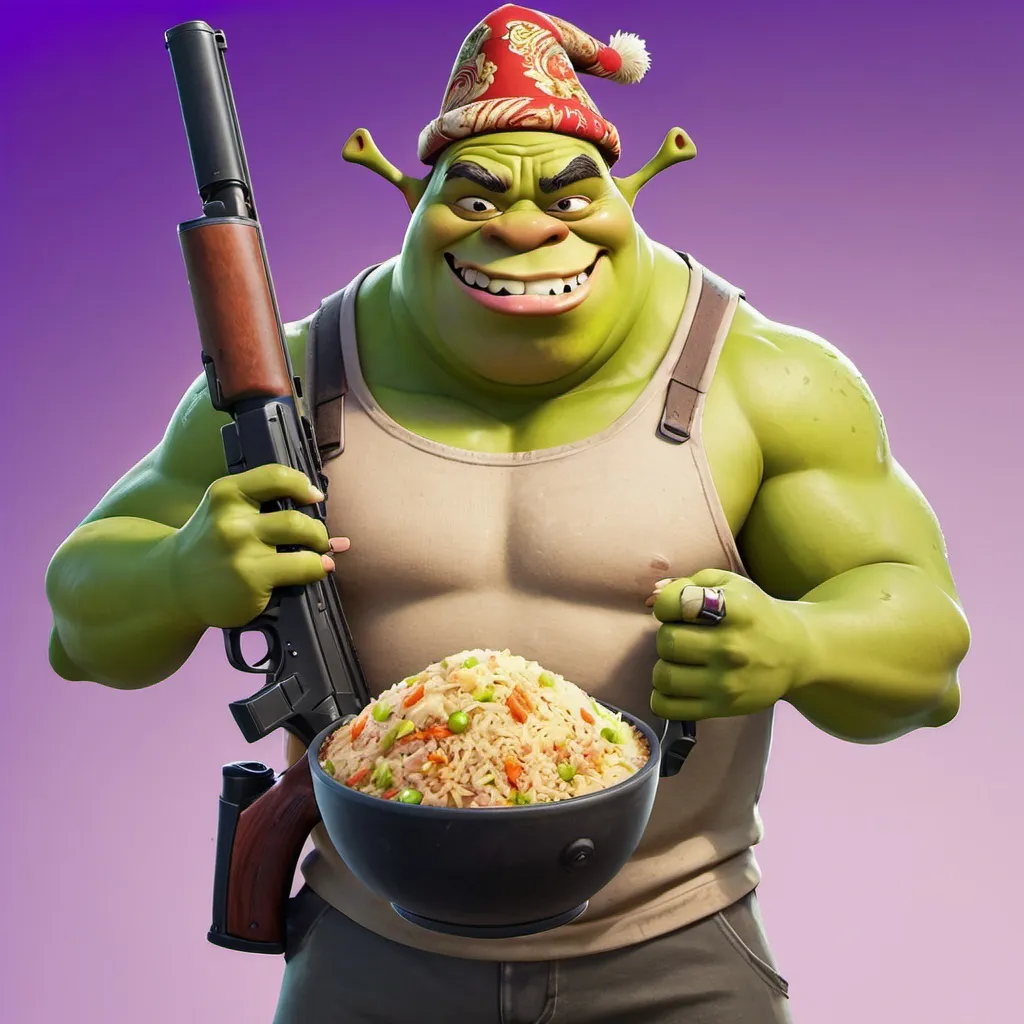 asian shrek holding fried rice with an asian hat and...