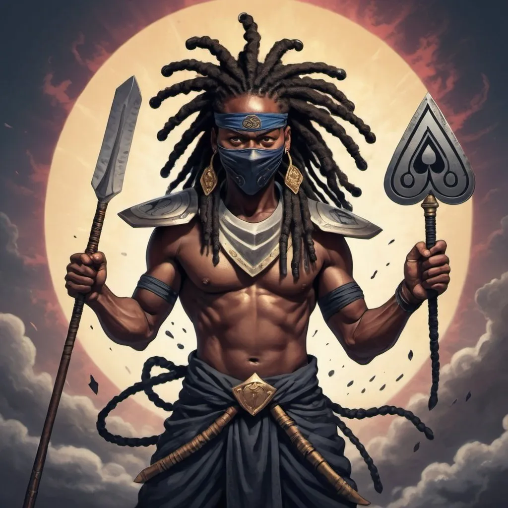 Ninja person of color with dreadlocks war cry, holdi...