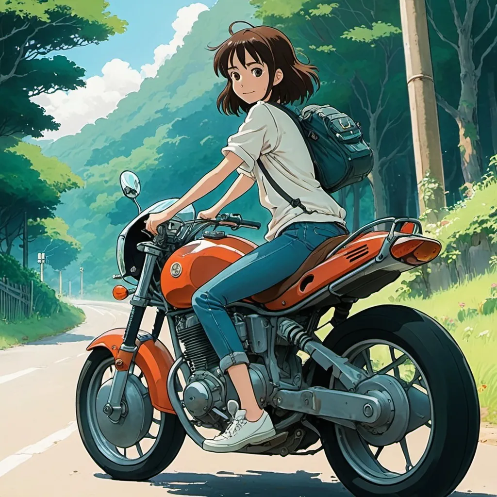 2d studio ghibli anime style, girl on motorcycle, an...