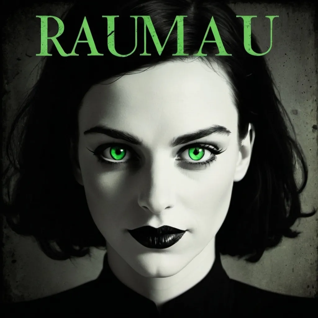 Creepy impression of a woman, green eyes glinting wi...