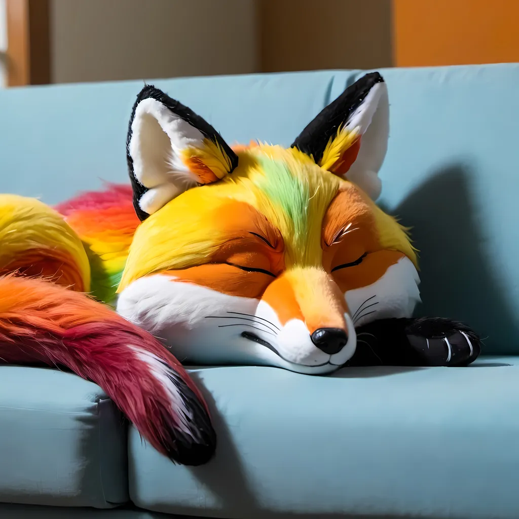 A rainbow fox sleeping on the couch