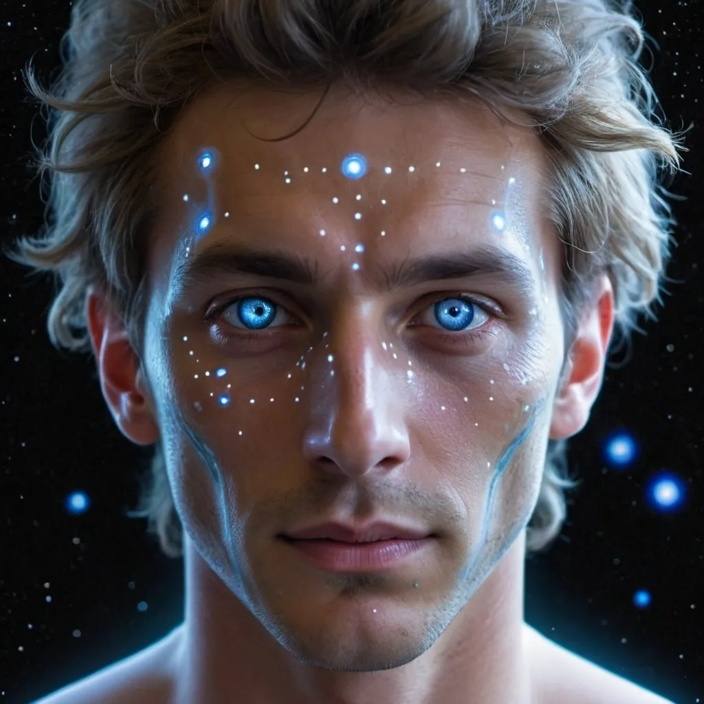 Portrait of a male humanoid face. His eyes are like...